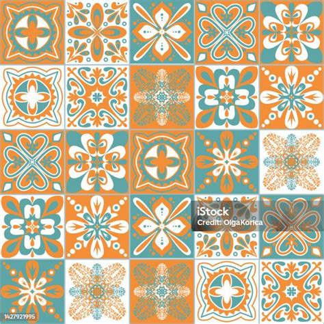 Azulejo 세라믹 타일 모로코 아랍어 벽 장식 스타일 녹색 오렌지 원활한 패턴 벡터 일러스트 레이 션 0명에 대한 스톡 벡터 아트 및 기타 이미지 Istock