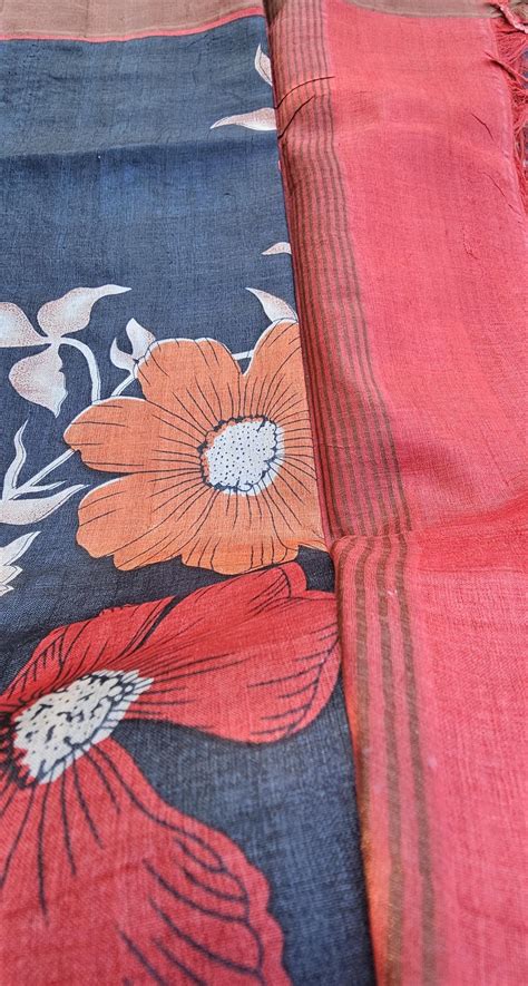 Beautiful Printed Rich Floral Red And Black Tussar Silk Saree Etsy