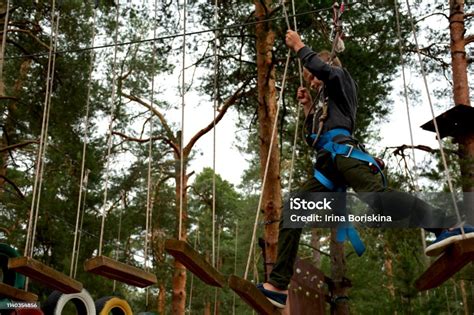숲에서 로프 공원입니다 익스트림 파크의 스카이 파크 소년 소년은 놀이 공원에서 미로를 통해 간다 관광에 대한 스톡 사진 및 기타 이미지 Istock