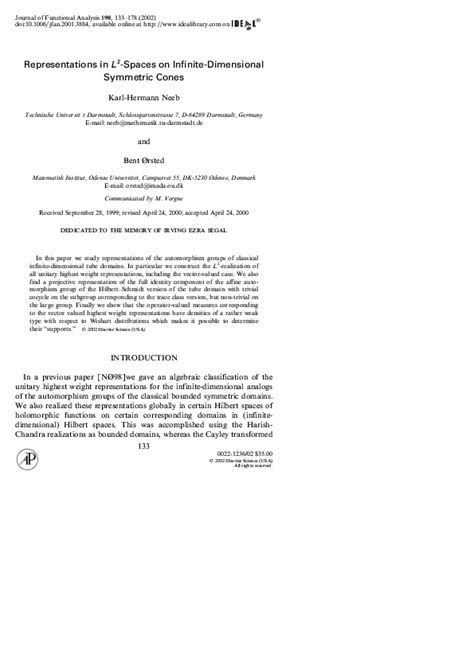 Pdf Representations In L2 Spaces On Infinite Dimensional Symmetric Cones