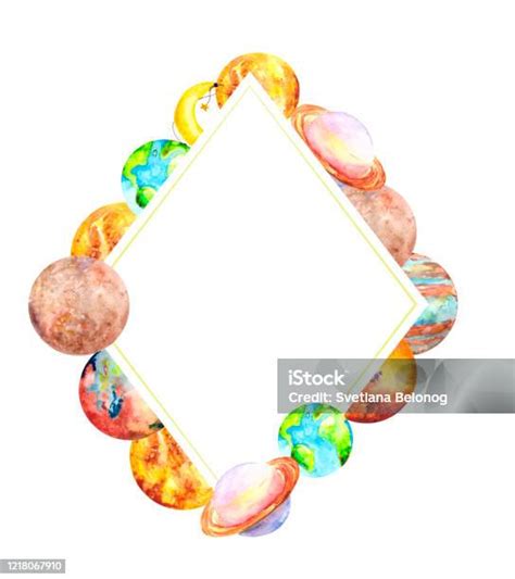 태양계의 행성과 텍스트 에 대한 공간이흰색 배경에 별 다채로운 다이아몬드 모양의 프레임 수은 지구 화성 금성 토성 천왕성 해왕성 및 목성의 이미지와 수채화 엽서의 주제에