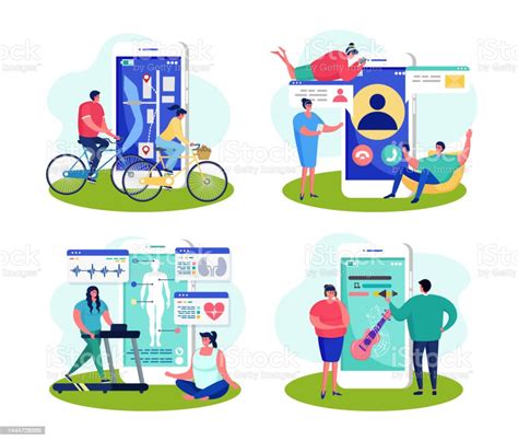 모바일 세트 벡터 일러스트에서 스마트 폰 응용 프로그램 평면 전화 개념 만화 온라인 응용 프로그램과 사람들 캐릭터 개념에 대한 스톡 벡터 아트 및 기타 이미지 Istock