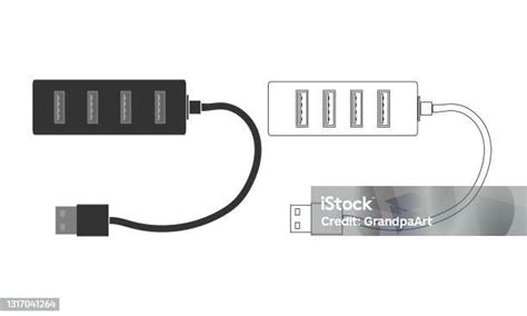 포트와 케이블이 있는 현대적인 Usb 스플리터 세트입니다 컴퓨터 또는 랩톱용 스플리터입니다 플랫 벡터 일러스트레이션 Usb 포트에 대한 스톡 벡터 아트 및 기타 이미지