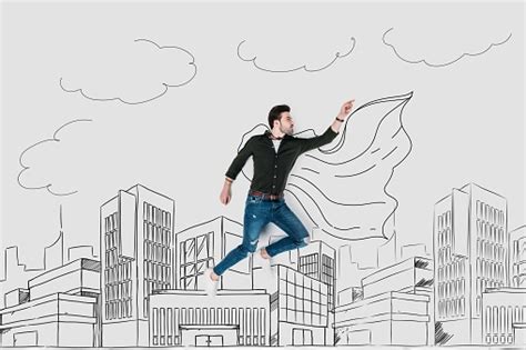 크리에이 티브 손으로 슈퍼 히어로 케이프 도시 상공에 남자와 콜라주 그린 슈퍼히어로에 대한 스톡 사진 및 기타 이미지 슈퍼