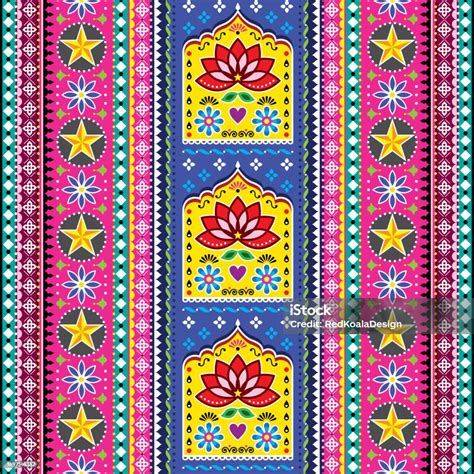 파키스탄 또는 인도 트럭 아트 연꽃과 나뭇잎이 있는 이음매 없는 벡터 수직 패턴 징글 트럭에서 영감을 받은 배경 파키스탄 문화에 대한 스톡 벡터 아트 및 기타 이미지