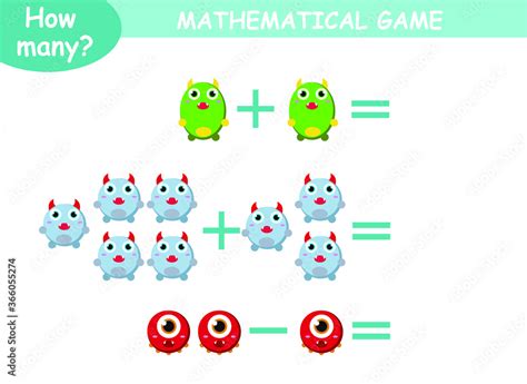 Examples Of Addition And Subtraction With Cute Monsters Educational Page With Mathematical