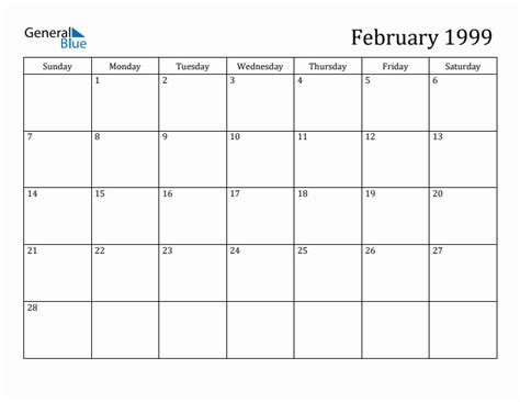February 1999 Monthly Calendar Pdf Word Excel