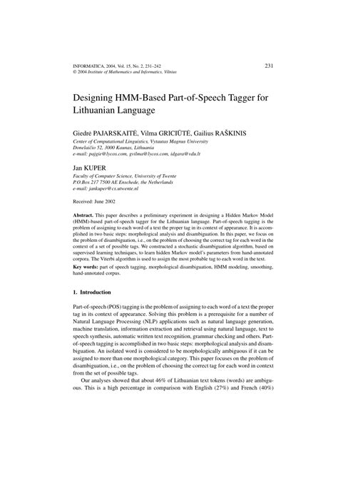 Pdf Designing Hmm Based Part Of Speech Tagger For Lithuanian Language
