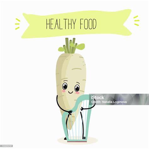 재미있는 무 만화 캐릭터가 하프 건강 식품 주방 재료 아이 티셔츠 디자인을 연주하는 벡터 그림 가을에 대한 스톡 벡터 아트 및