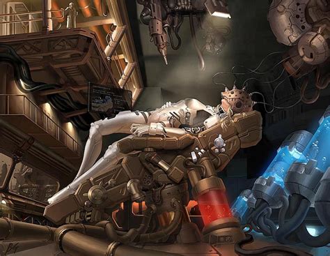 1boy 1girl Blondehair Cable Cyborg Examination Female Headmounted