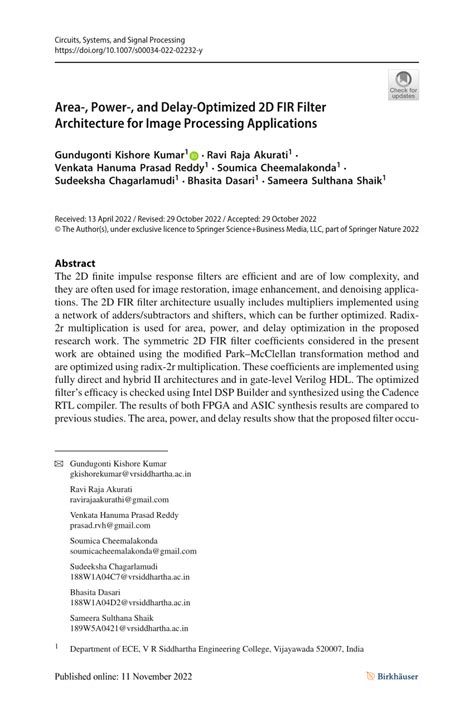 Pdf Area Power And Delay Optimized 2d Fir Filter Architecture For