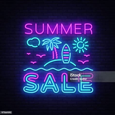 여름 세일 전단지 디자인 서식 파일 벡터입니다 여름 열 대 풍경 현대 동향 디자인 네온 스타일 할인 책자 배너 밝은 네온 광고