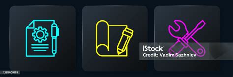 세트 문서 설정 및 펜 스크루 드라이버 렌치 스패너 및 그래프 종이 연필을 설정합니다 검은 색 사각형 버튼 벡터 0명에 대한