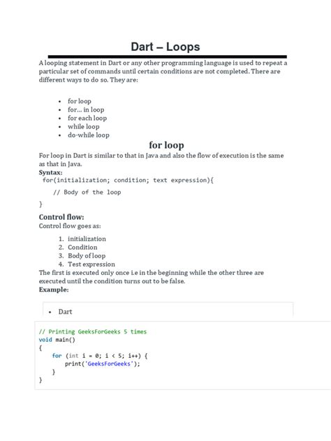 Loops In Dart Pdf Control Flow Software Development