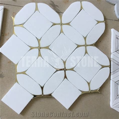 Thassos White Marble With Golden Glass Water Jet Mosaic Tile From China