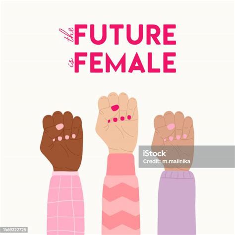 미래는 다양한 주먹을 가진 여성 포스터입니다 여성 권한 부여 소녀 권력 성 평등을 위한 투쟁 페미니즘 자매애 개념 손으로 그린