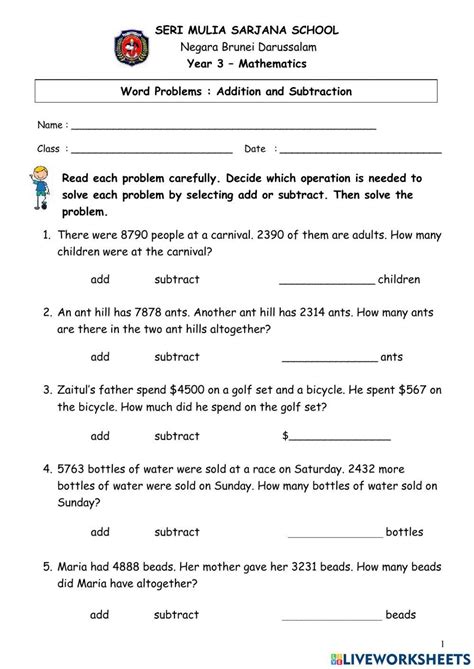 Word Problems Involving Addition And Subtraction Worksheet Live