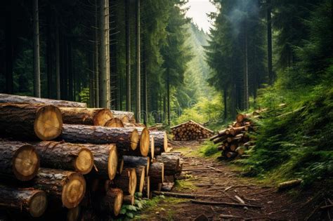 Tranquil And Serene Forest Logging Scene With Lumberjack Cutting Logs In The Sunlight Stock