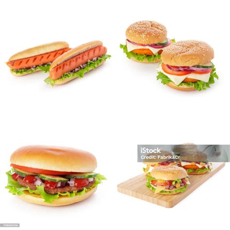 햄버거 샌드위치와 핫도그 흰색 배경에 고립의 정크 패스트 푸드 콜라주 0명에 대한 스톡 사진 및 기타 이미지 0명 가공육