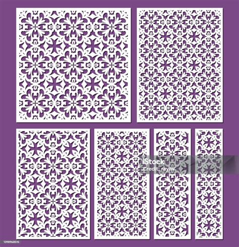 레이저 컷 장식 패널 템플릿 세트 비율 1 1 1 2 1 3 14 23 34 장식용 레이스 테두리 패턴 컷아웃 결혼식 초대장 또는 인사말 카드 캐비닛 프렛 워크 화면 벡터