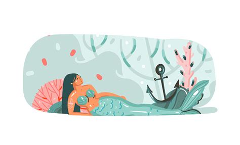 손으로 그린 된 벡터 추상 만화 여름 시간 그래픽 수 중 일러스트 아트 템플릿 배경 바다 바닥 아름다움 인 어 소녀와 복사 공간 장소 흰색 절연 텍스트에 대 한 로고에 대한