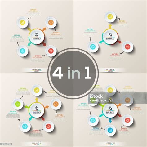 꽃 잎 다이어그램 또는 원형 차트의 집합입니다 둥근 요소와 그 주위에 배치 된 얇은 선 그림그림을 가리키는 다채로운 화살표가있는 메인 원 인포그래픽에 대한 스톡 벡터 아트