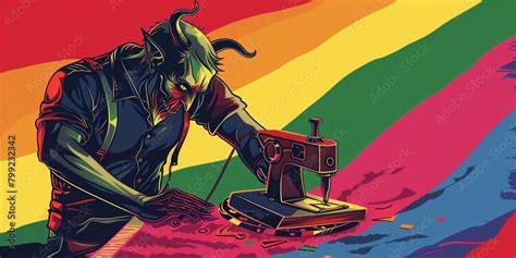 An Imaginative Illustration Depicting The Devil Sewing A Pride Flag