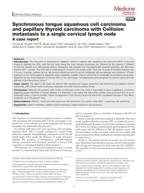 Pdf Synchronous Tongue Squamous Cell Carcinoma And Papillary Thyroid Carcinoma With Collision
