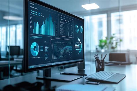 A Computer Monitor Displaying Data And Charts In A Modern Office Setting Premium Ai Generated