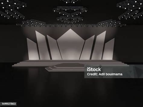 정면에 계단이 있는 이벤트 빈 무대 배경에 투영 천장 프로젝터 시스템 맞춤형 디자인 내부 홀 3d 렌더링 그림 0명에 대한 스톡 사진 및 기타 이미지 Istock