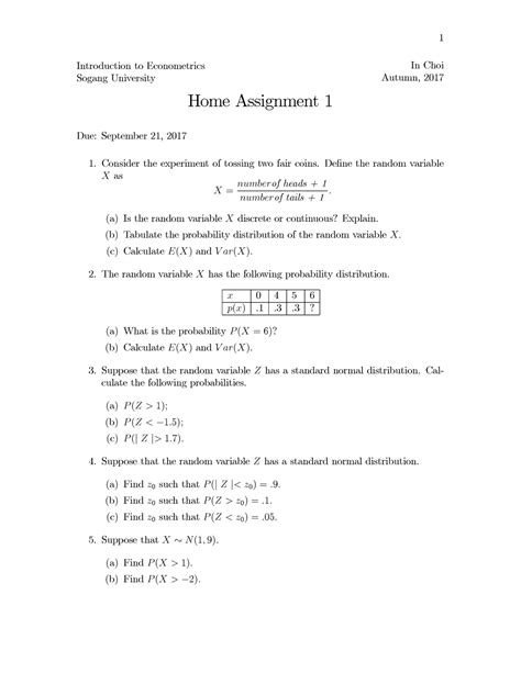 Sample Practice Exam 2017 Questions 1 In Choi Autumn 2017 Introduction To Econometrics