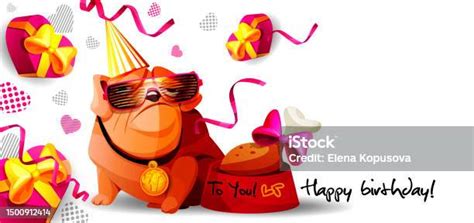 생일 축하해요 외딴 흰색 배경에 선물과 색종이가 있는 모자를 쓴 불독 인사말 세련된 엽서 0명에 대한 스톡 벡터 아트 및 기타