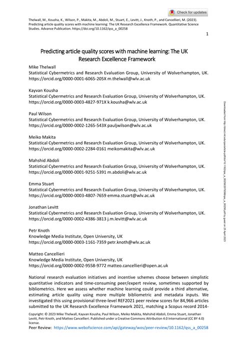 Pdf Predicting Article Quality Scores With Machine Learning The Uk Research Excellence Framework
