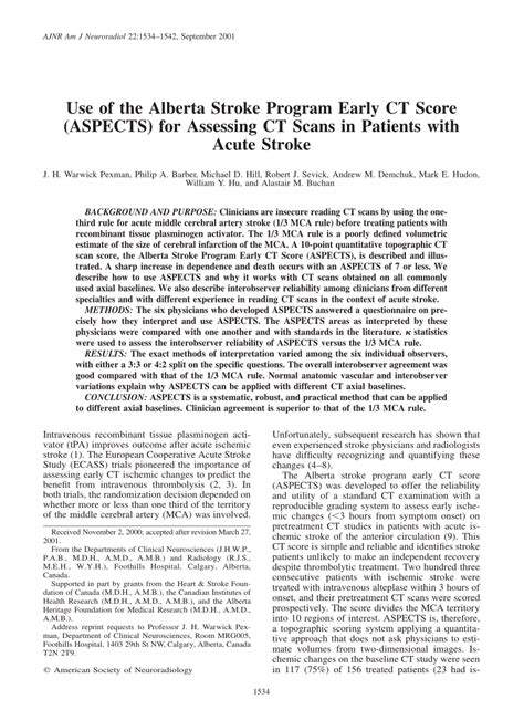 Pdf Use Of The Alberta Stroke Program Early Ct Score Aspects For