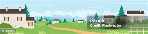 녹색 농장 넓은 파노라마 풍경 토지 여름 벡터 일러스트 만화 시골 자연 풍경 여름 또는 필드와 언덕에 봄 녹지 마을 집 마을 공원에 대한 스톡 벡터 아트 및 기타 이미지