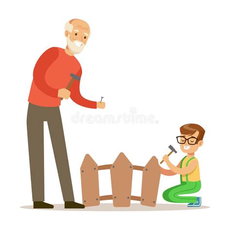 Мальчик и дед бить молотком ногти молотком в загородке части дедов имея потеху с серией внуков