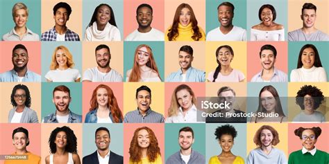 다채로운 배경에 긍정적 인 감정을 표현하는 다양한 사람들의 콜라주 모자이크에 대한 스톡 사진 및 기타 이미지 모자이크 사람 얼굴 다민족 그룹 Istock