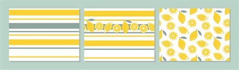 심리스 레몬 패턴 세트 세 가지 패턴 컬렉션입니다 신선한 열대 과일 레몬 배경 다른 레몬과 콜라주 섬유 포장지 벽지 표지 디자인에 대한 반복 인쇄 신선함에 대한 스톡 벡터