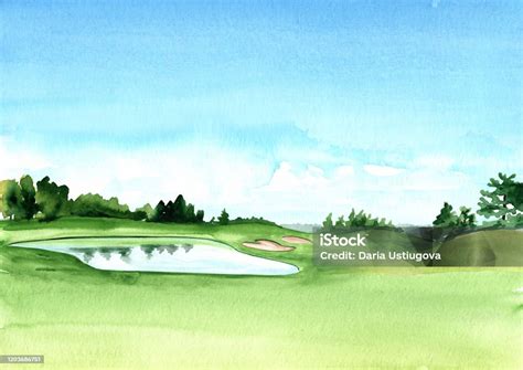 풍부한 잔디와 작은 호수 손으로 그린 수채화 일러스트와 배경이있는 아름다운 녹색 필드가있는 골프 코스의 전망 수채화에 대한 스톡 벡터 아트 및 기타 이미지 Istock