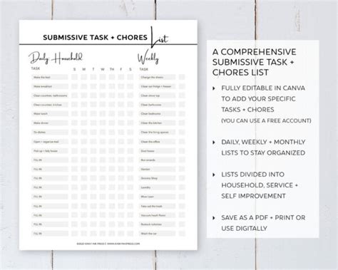 Editable Submissive Task And Chores Household Service And Self Improvement List Kinky Ink Press