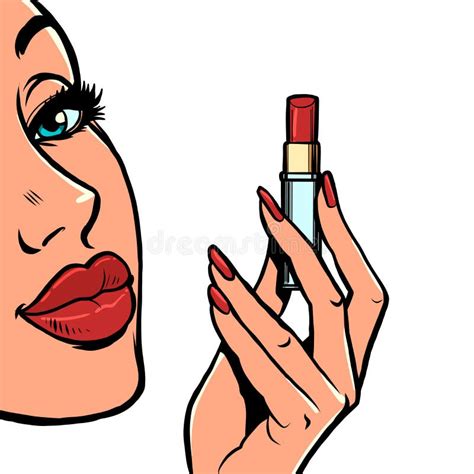 A Woman Paints Her Lips With Red Lipstick Makeup Cosmetics Stock