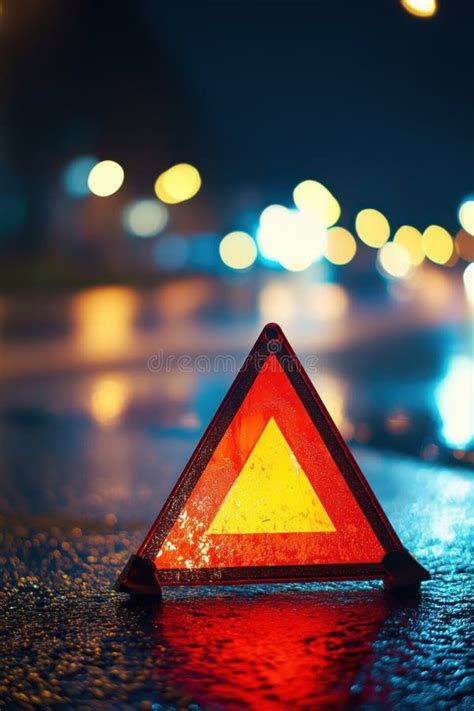 Emergency Warning Triangle Illuminated At Night On Wet Road Reflecting City Lights Indicating