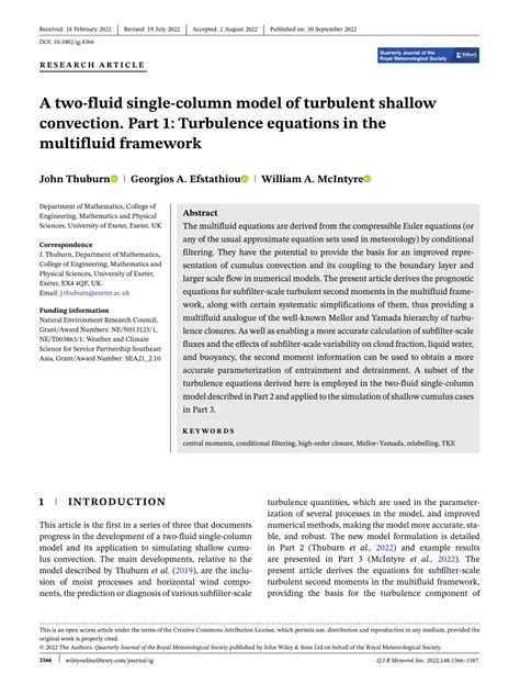 Pdf A Two‐fluid Single‐column Model Of Turbulent Shallow Convection Part 1 Turbulence