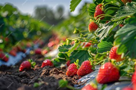 A Field Of Strawberries With A Blue Sky In The Background Premium Ai