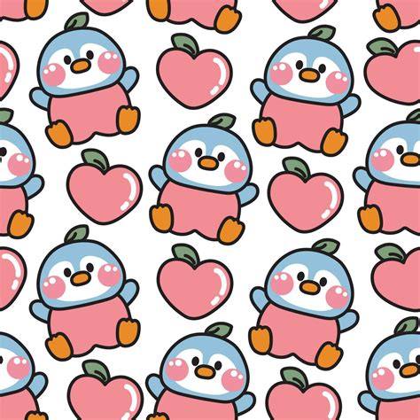 Seamless Pattern Of Cute Penguin Peach Fruit On White Background Bird