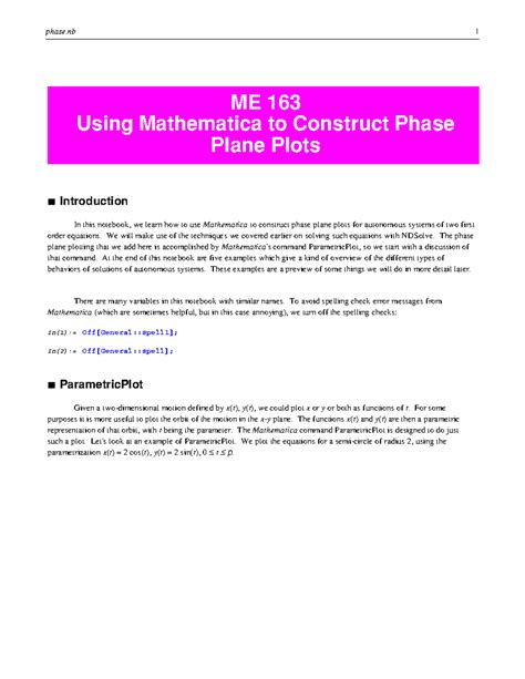 File1 Mathematica Codes Me 163 Using Mathematica To Construct Phase Plane Plots