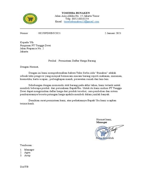 Surat Permintaan Daftar Harga Pt Tungga Dewi Pdf