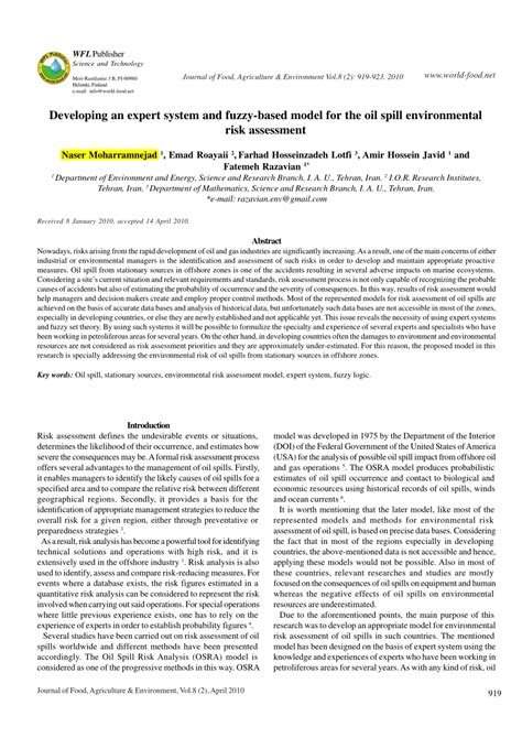 Pdf Developing An Expert System And Fuzzy Based Model For The Oil Spill Environmental Risk