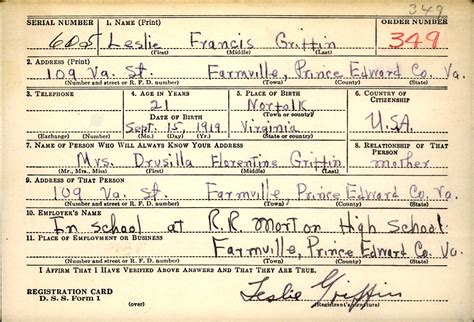 Draft Registration Card Encyclopedia Virginia