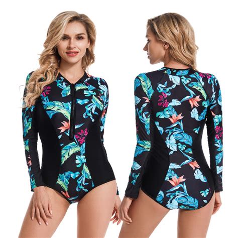 Womens One Piece Bathing Suits With Long Sleeve Tropical Rash Guard